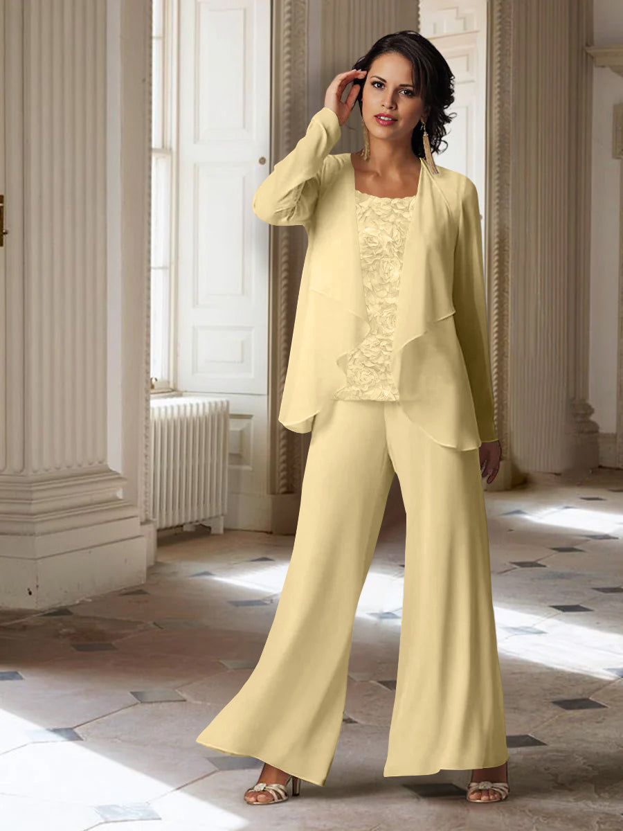 Chiffon Long Sleeves Mother of the Bride Pantsuits with Jacket - Mondressy