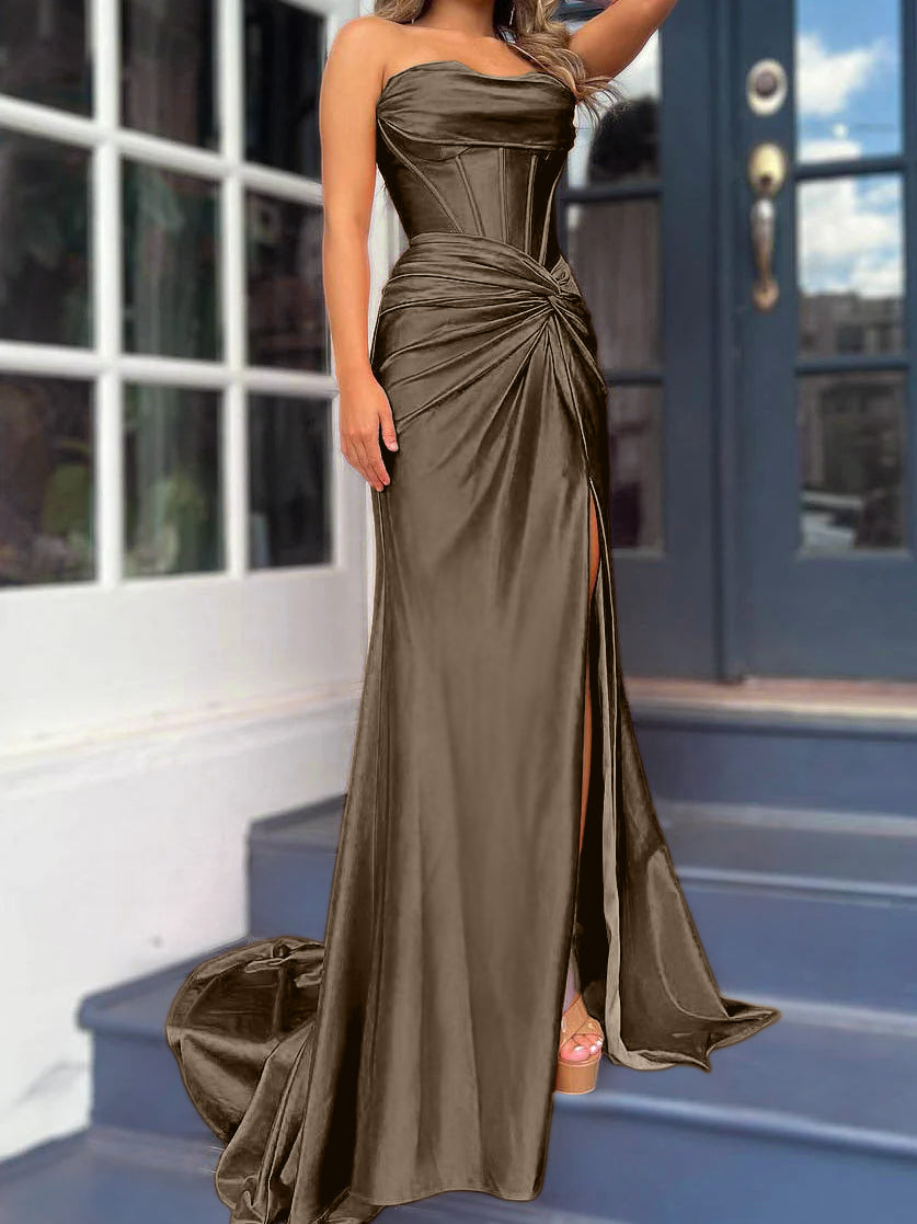 Sheath/Column Strapless Floor-length Long Dresses With Split Side - Mondressy