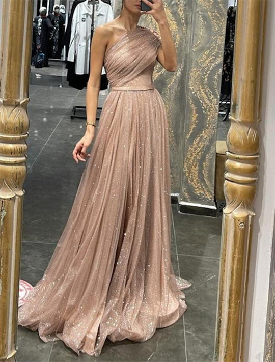 A-Line/Princess One-Shoulder Long Prom Dresses With Sequins - Mondressy