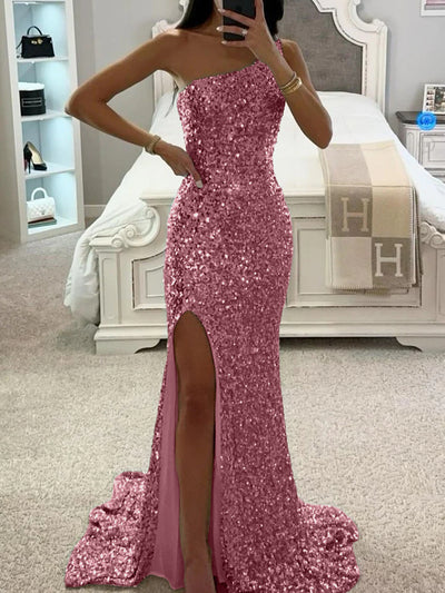 Trumpet/Mermaid One-Shoulder Sleeveless Floor-length Long Prom Dresses - Mondressy