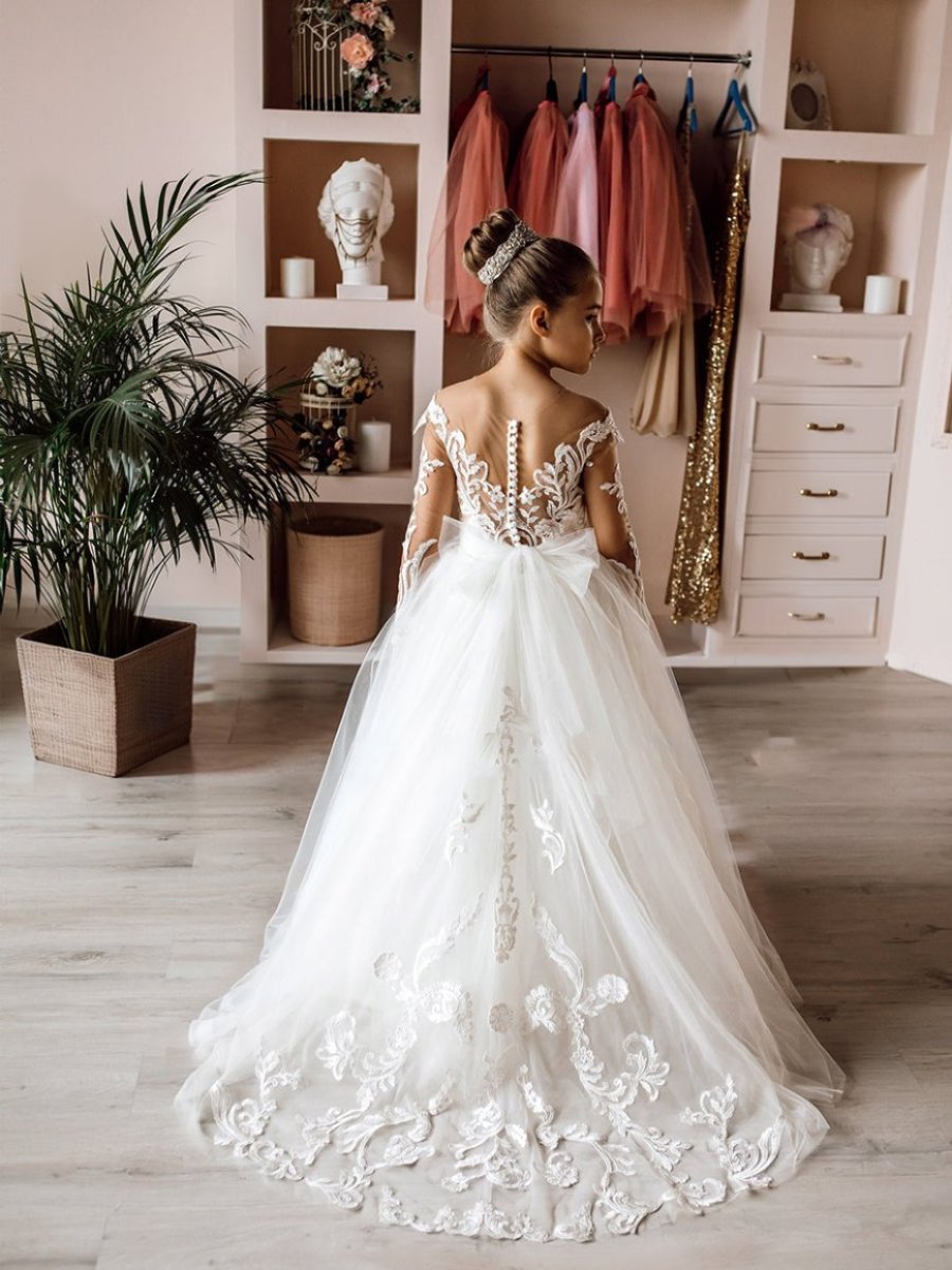 Ball-Gown Long Sleeves White Tulle Flower Girl Dresses with Lace Appli ...
