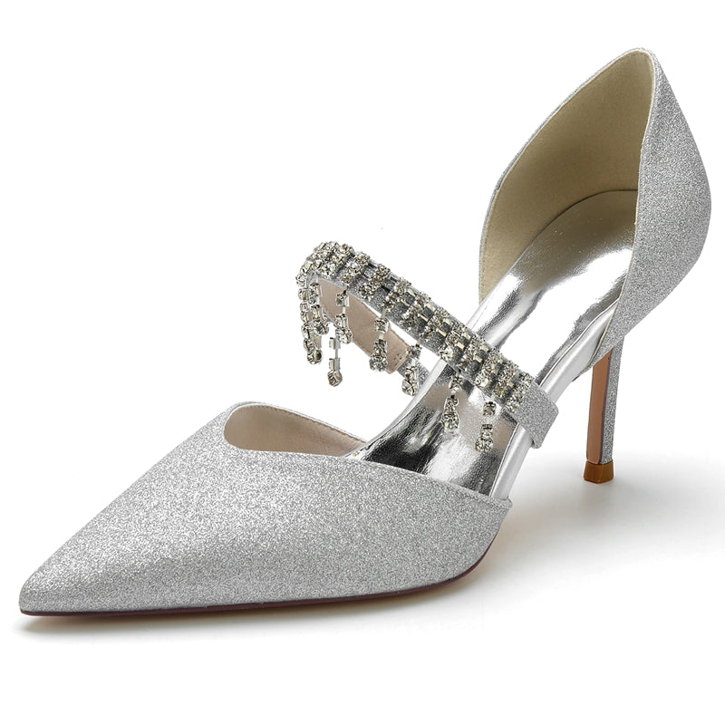 Women's Wedding Shoes Silver High-End Pointed Toe Bridal Shoes with Rh ...