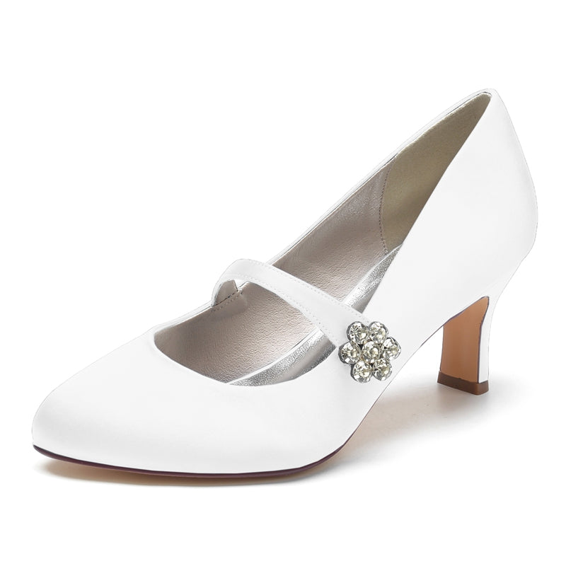 Women's Wedding Shoes White Round Toe Mid Heel Simple Bridal Shoes ...