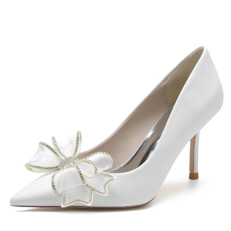 Women's Wedding Shoes White Closed Toe High Heel Bridal Shoes with Bow ...