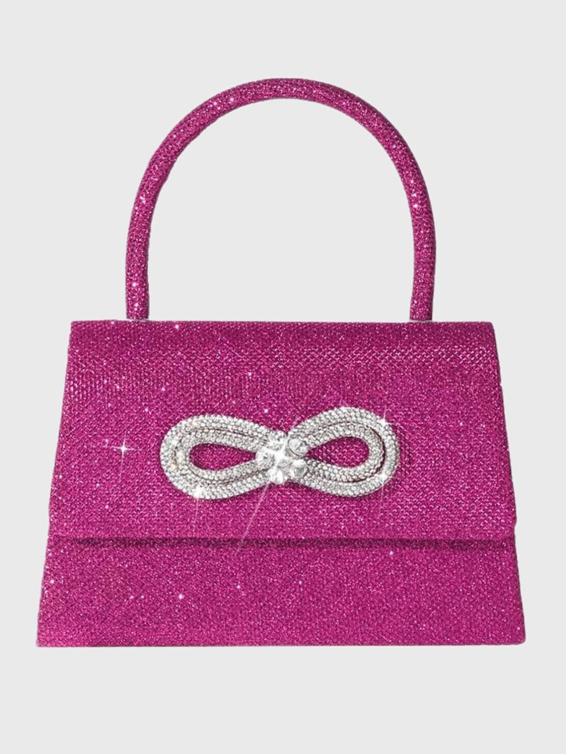 Rose Pink Glitter Handbag with Rhinestone Bow - Mondressy