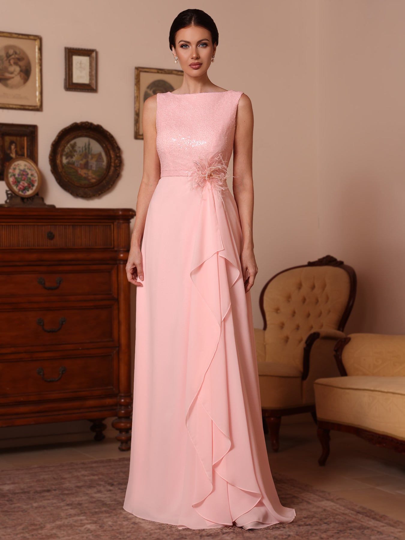 A-Line/Princess Cowl Neck Chiffon Mother of the Bride Dresses Sequins ...