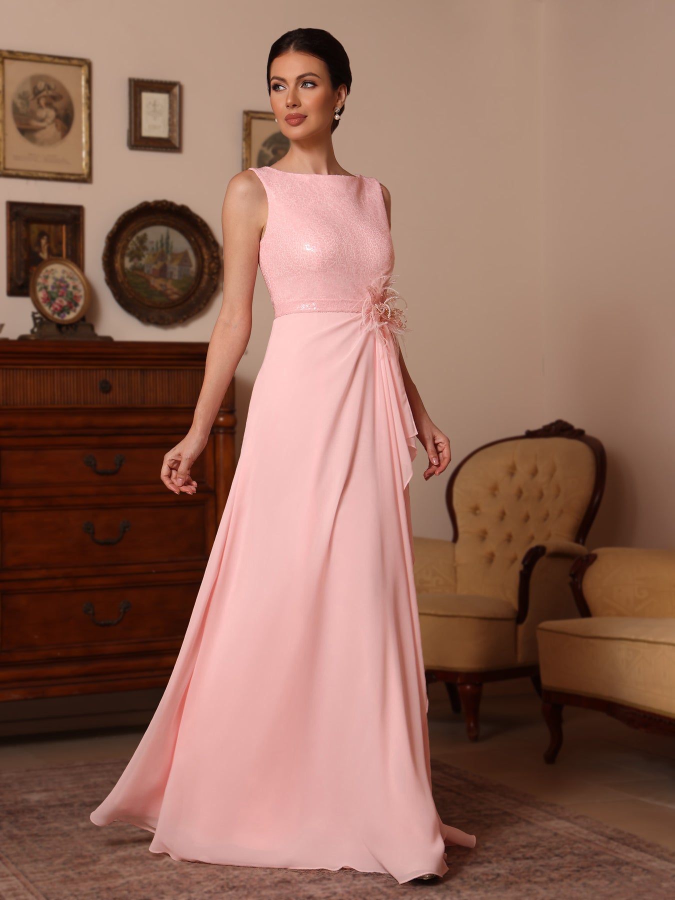 A-Line/Princess Cowl Neck Chiffon Mother of the Bride Dresses Sequins ...