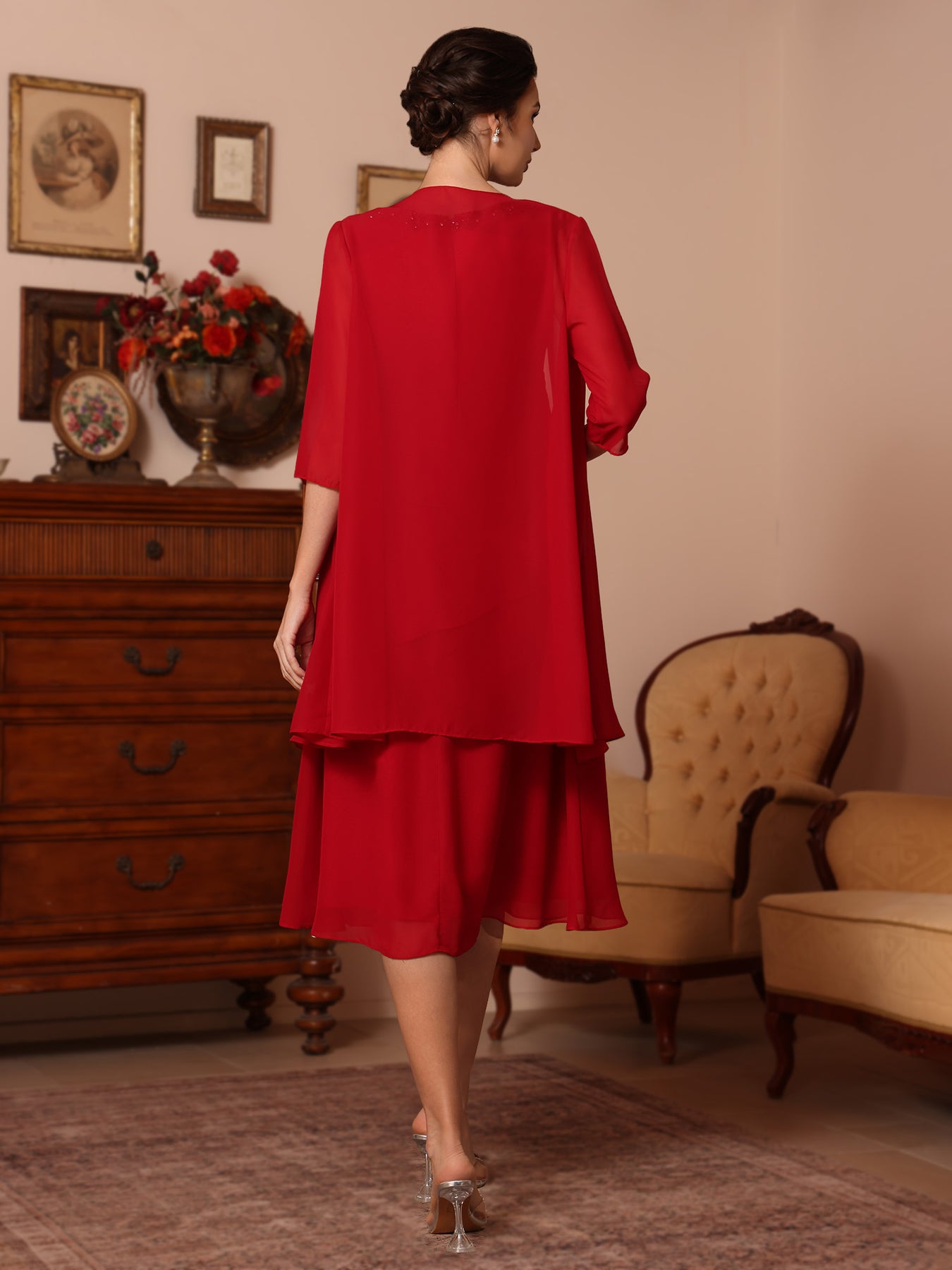 2 Pieces Sheath/Column V-Neck Chiffon Mother of the Bride Dresses with ...