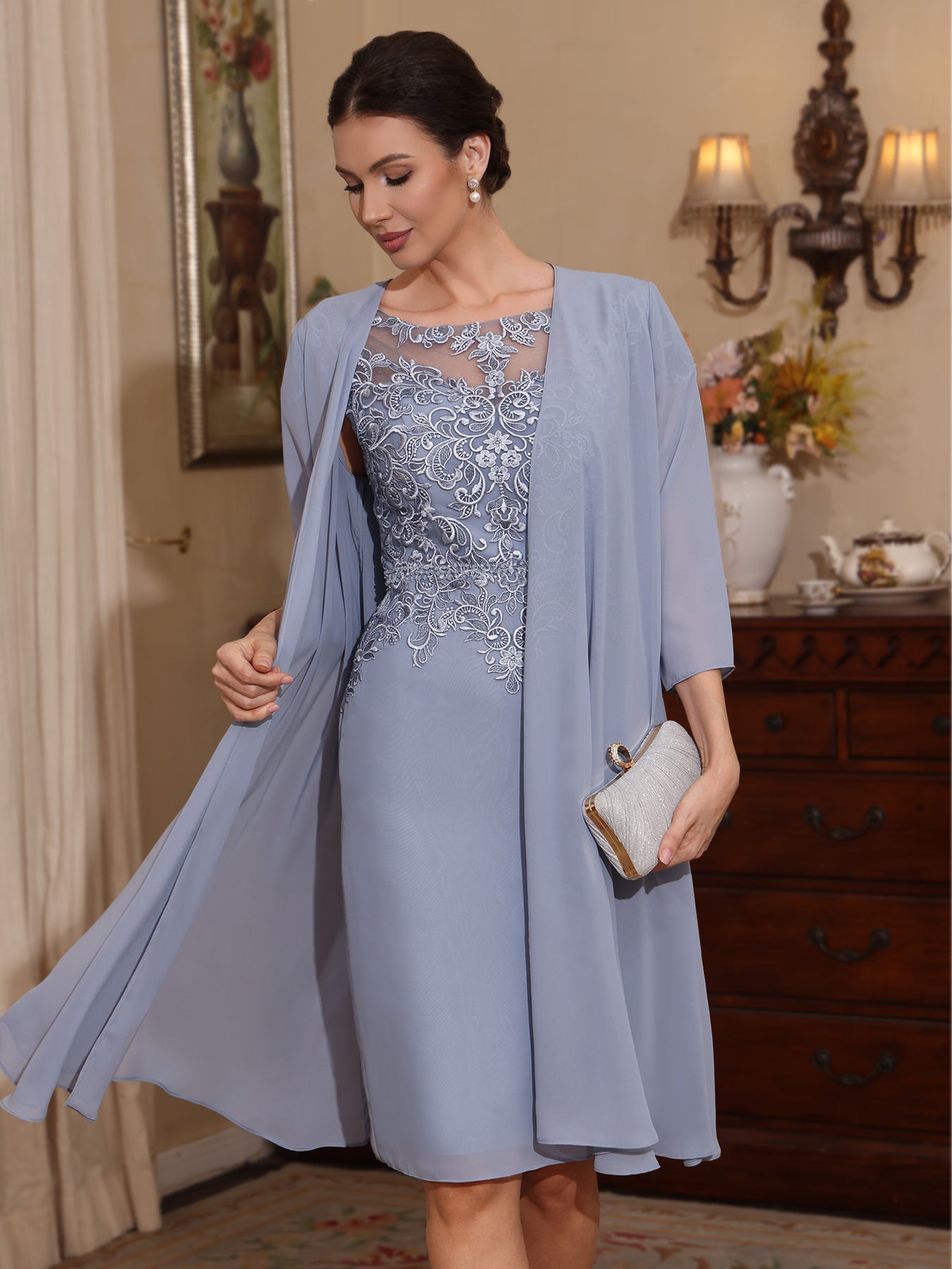 2 Pieces Sheath/Column Scoop Chiffon Mother of the Bride Dresses with ...