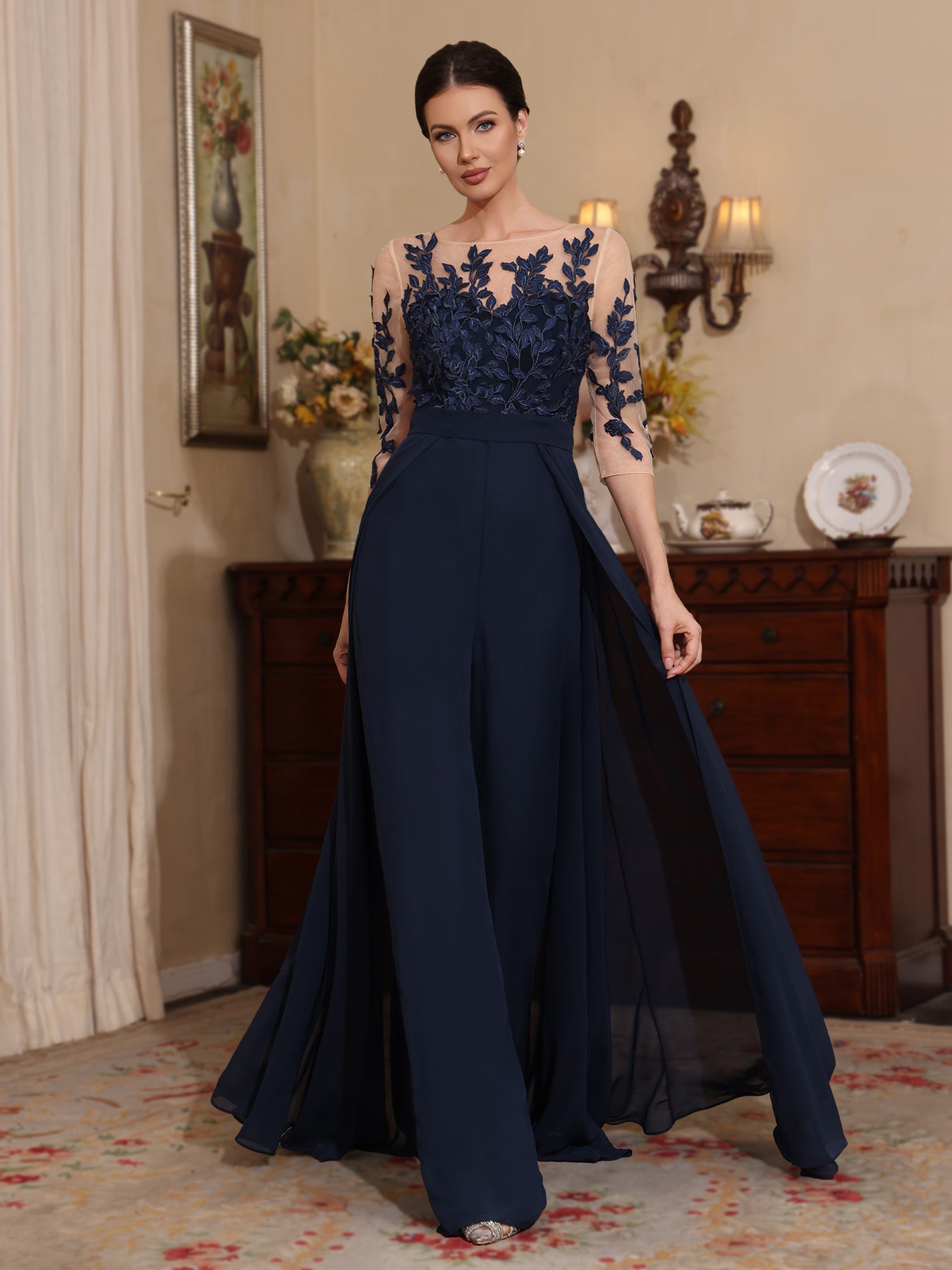 Jumpsuit Scoop Chiffon Mother of the Bride Jumpsuit with Overskirt Lac ...