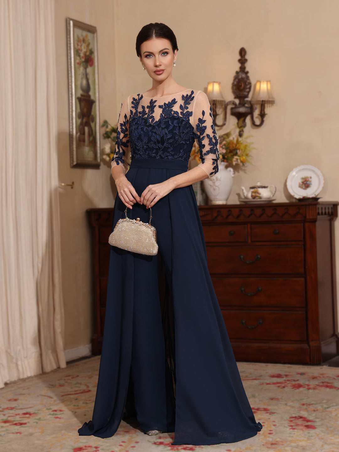 Jumpsuit Scoop Chiffon Mother of the Bride Jumpsuit with Overskirt Lac ...
