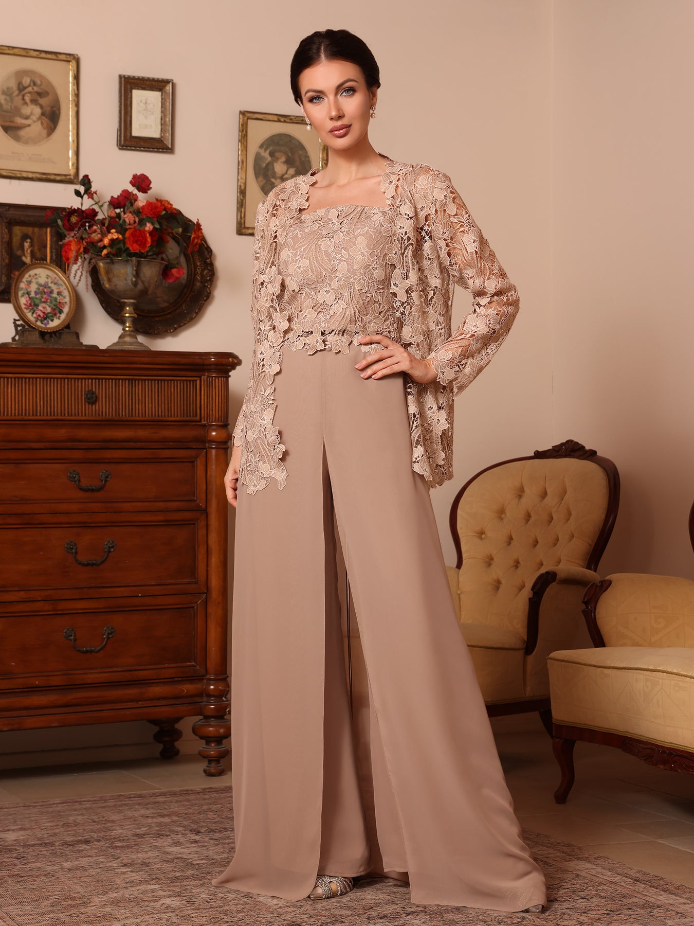 3 Pieces Square Collar Chiffon Mother of the Bride Pantsuits with Jack ...