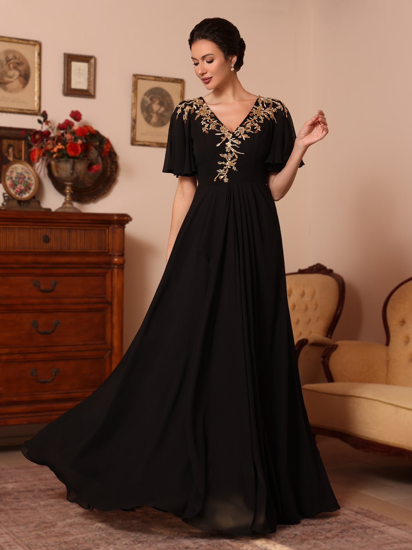 A-Line/Princess V-Neck Chiffon Mother of the Bride Dresses Appliques F ...