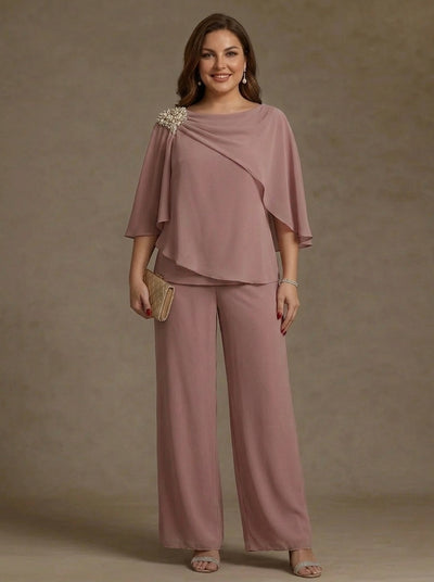 2 Piece Boat Neck Chiffon Plus Size Mother of the Bride Pantsuits Cape ...