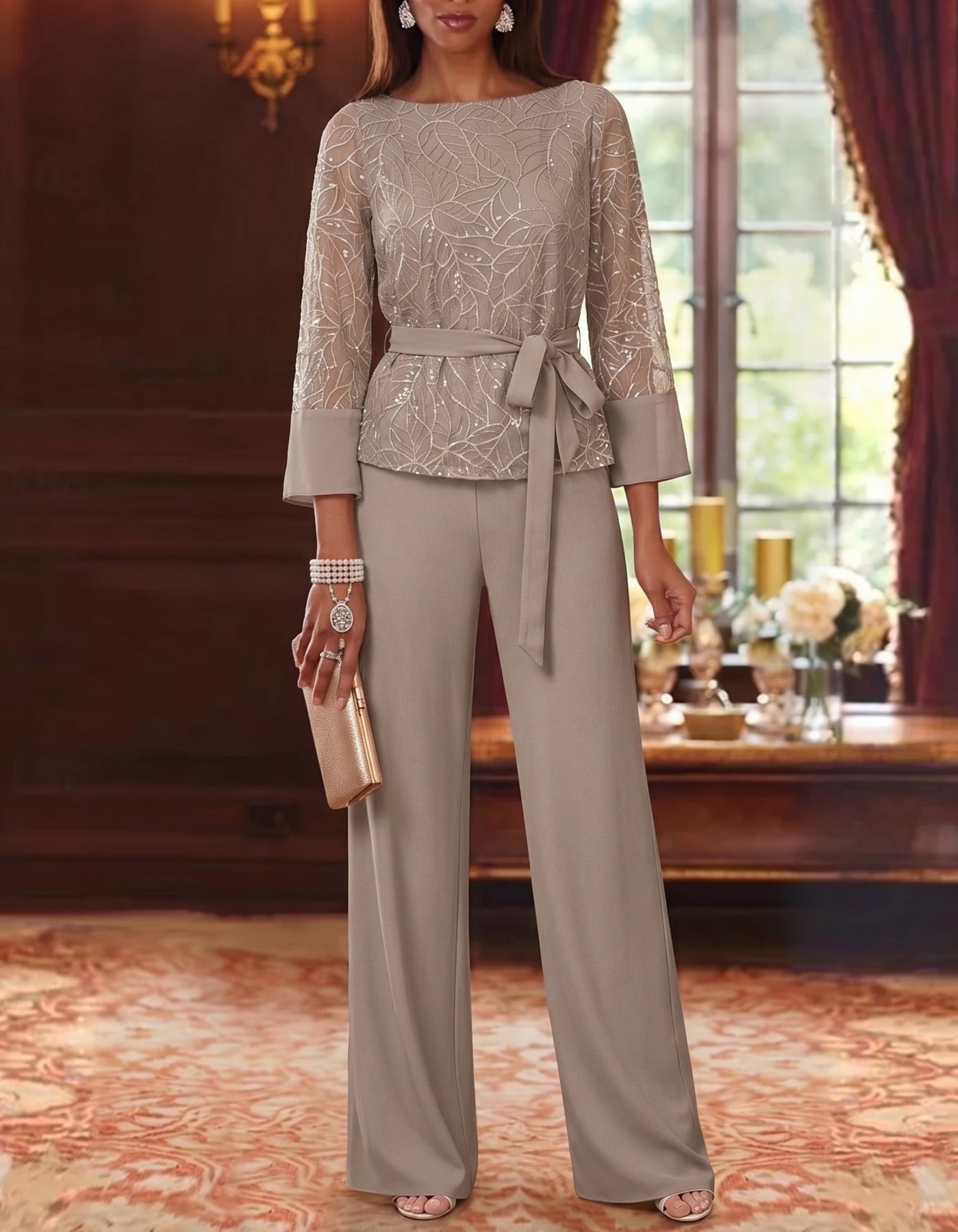 2 Pieces Boat Neck Chiffon Mother of the Bride Pantsuits 3/4 Sleeves F ...