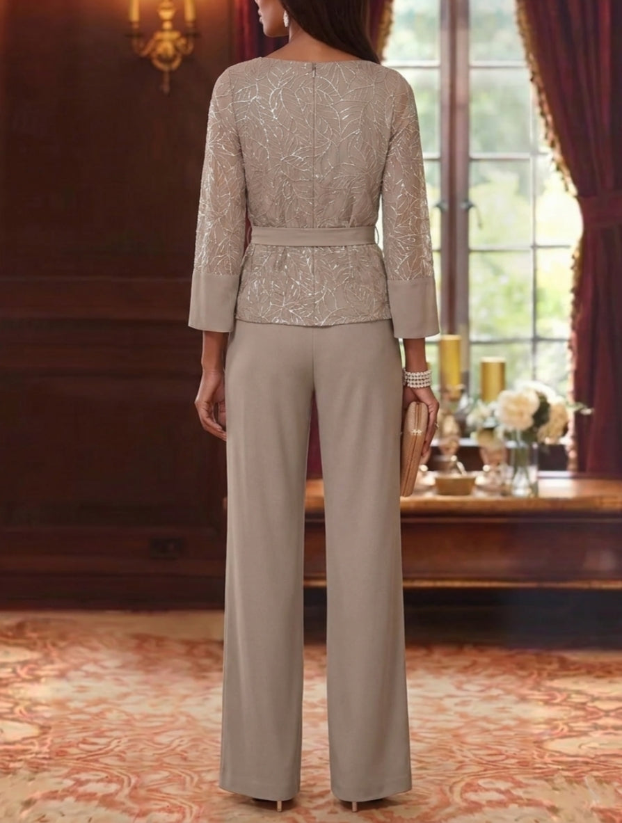 2 Pieces Boat Neck Chiffon Mother of the Bride Pantsuits 3/4 Sleeves F ...