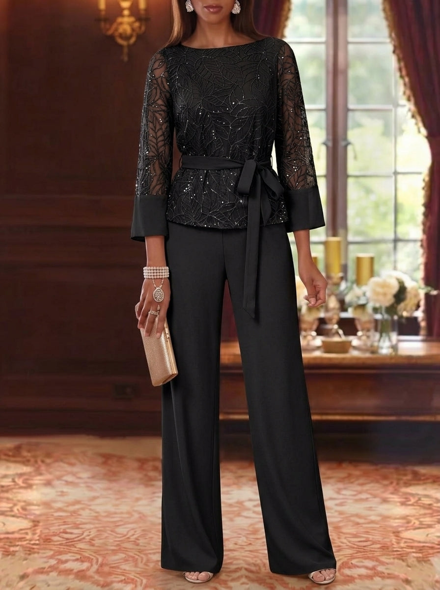 2 Pieces Boat Neck Chiffon Mother of the Bride Pantsuits 3/4 Sleeves F ...