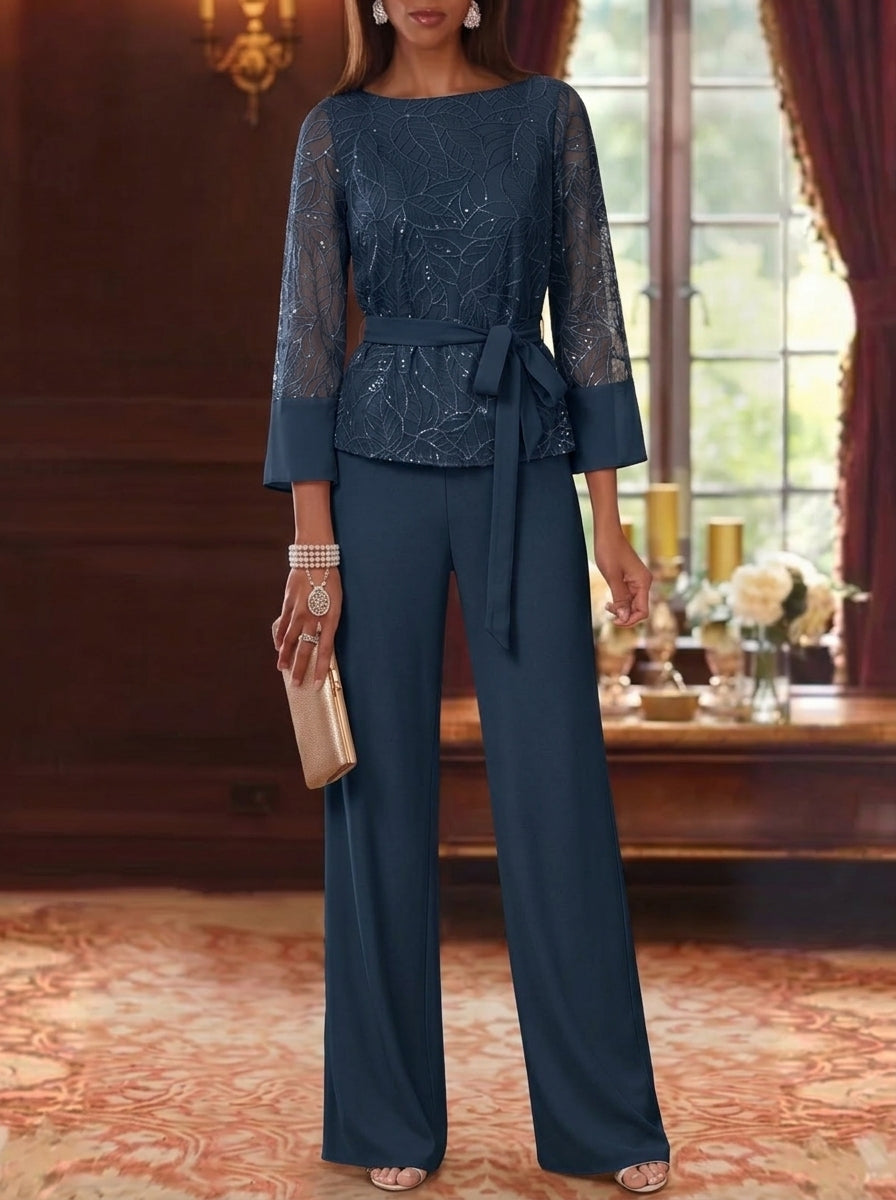 2 Pieces Boat Neck Chiffon Mother of the Bride Pantsuits 3/4 Sleeves F ...