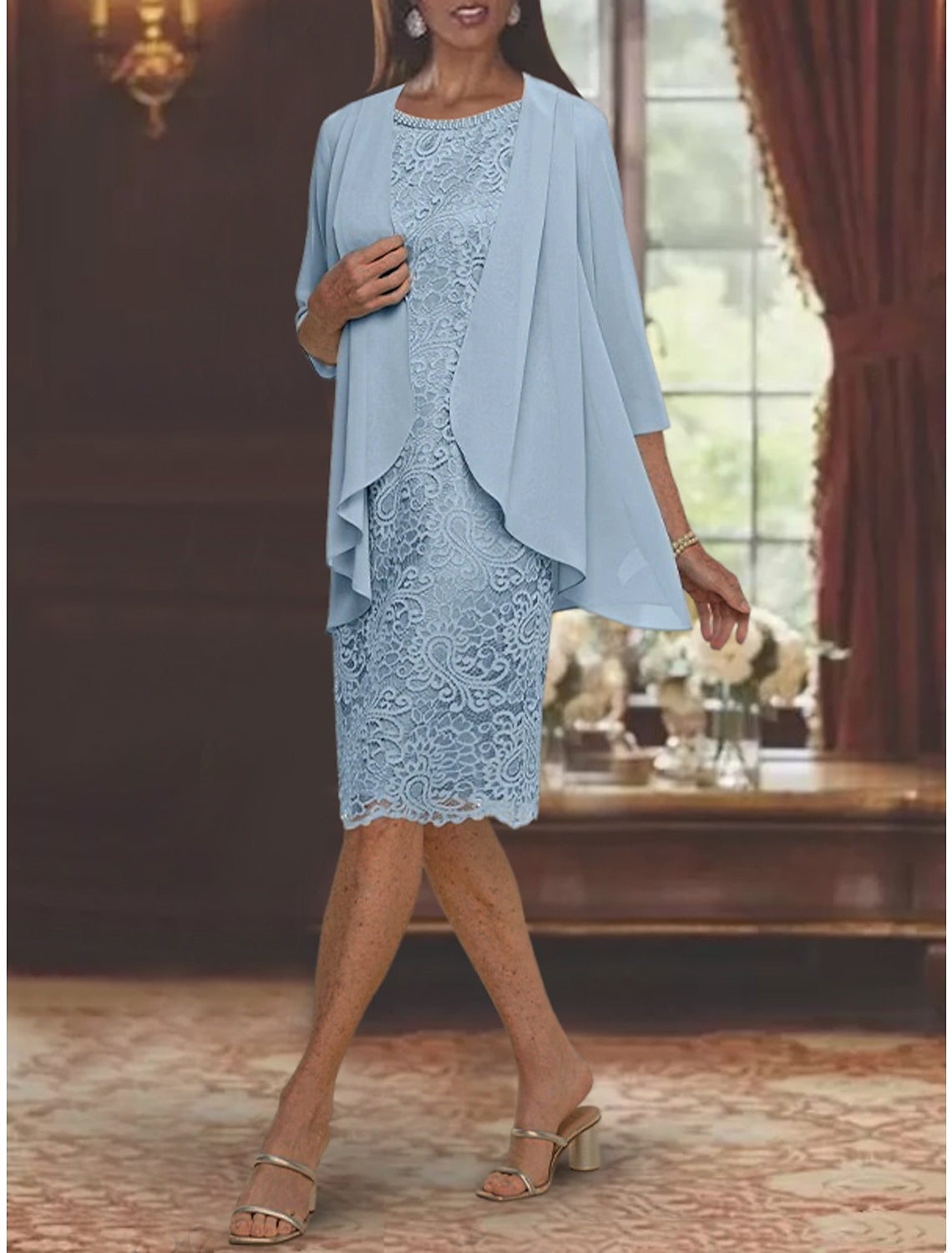 Sheath/Column Jewel Neck Tea-Length Mother of the Bride Dresses - Mondressy