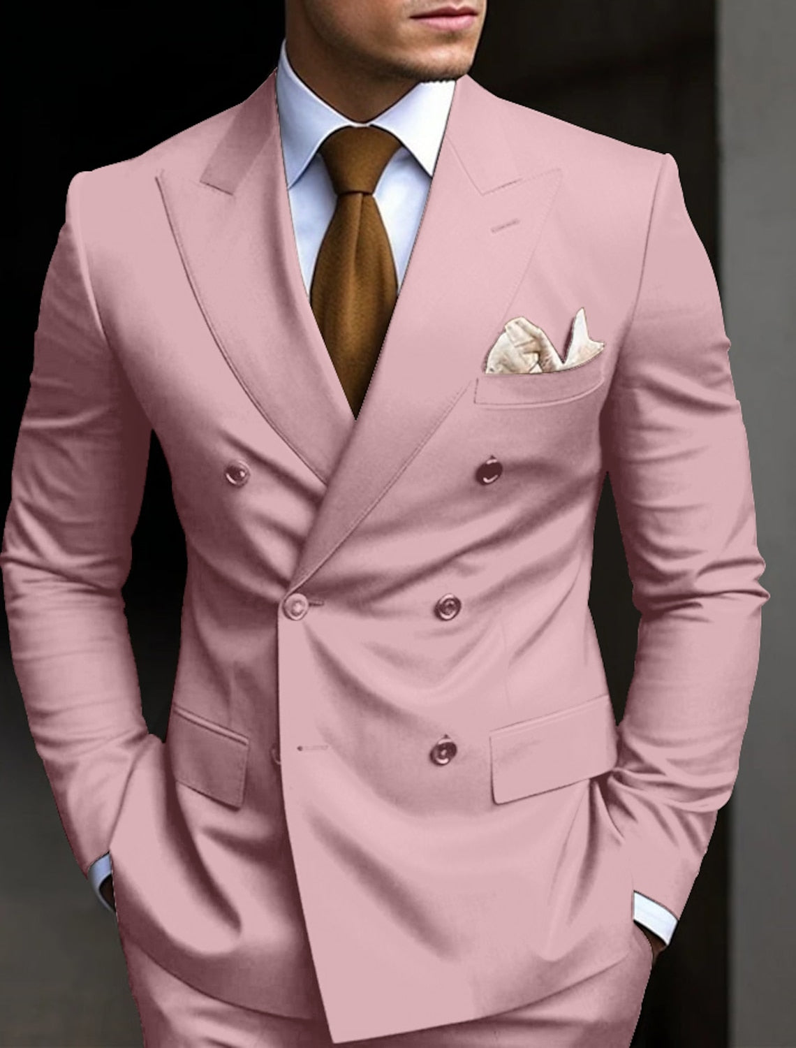 Men's Tailored Fit Double Breasted Six-buttons 2 Pieces Solid Colored - Mondressy