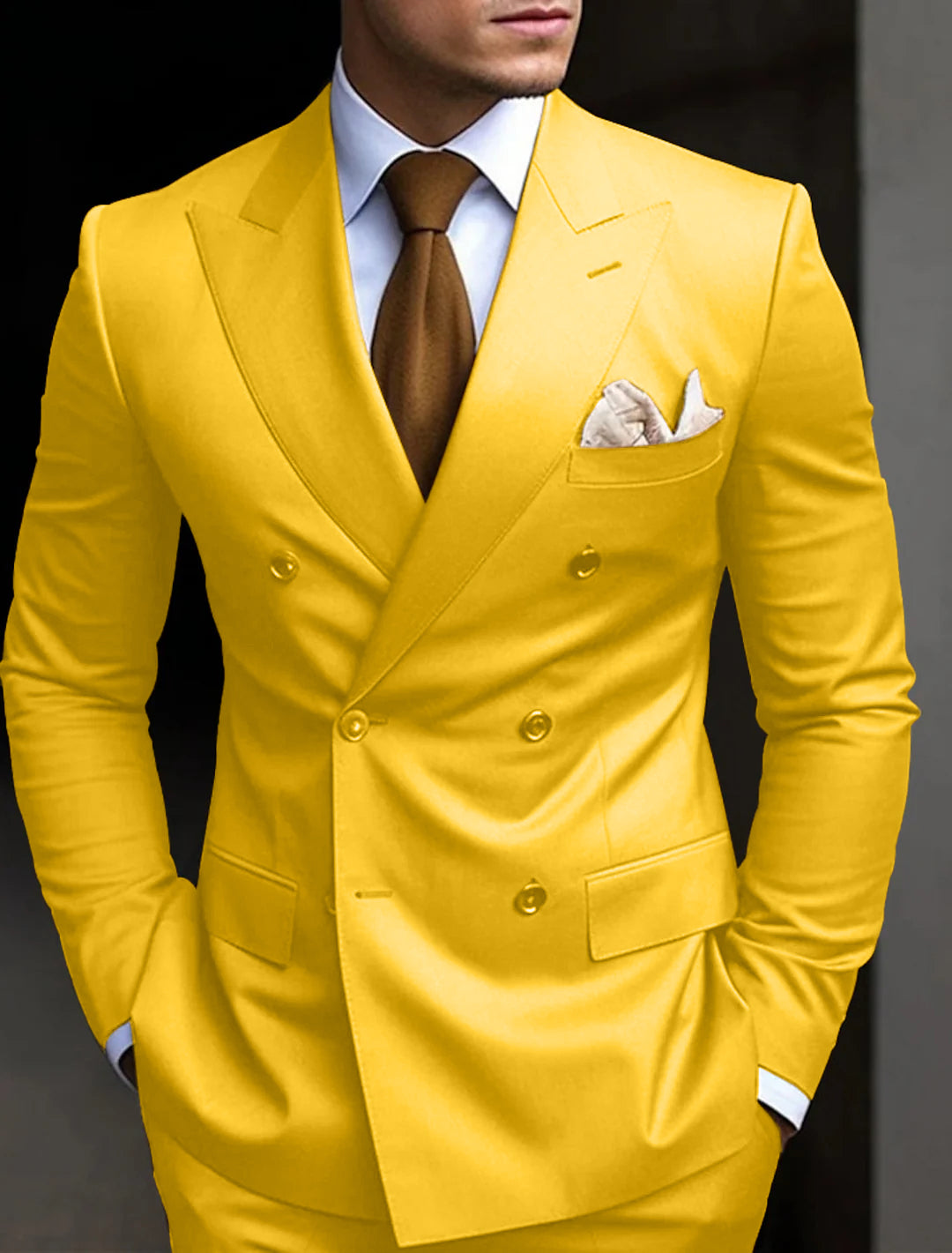 Men's Tailored Fit Double Breasted Six-buttons 2 Pieces Solid Colored - Mondressy